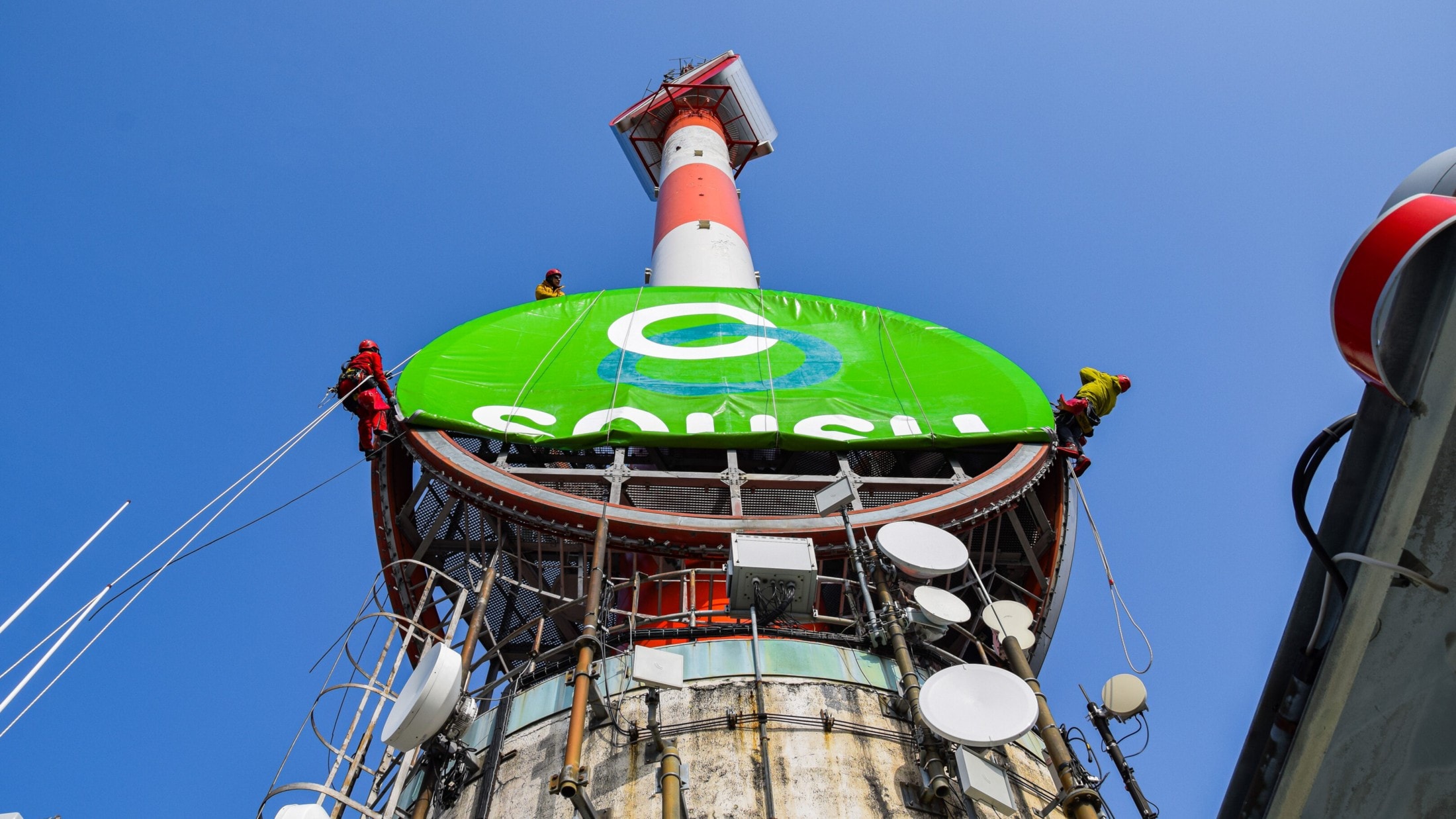 Logo on the Danube Tower - Mobile communications provider Spusu is now ...