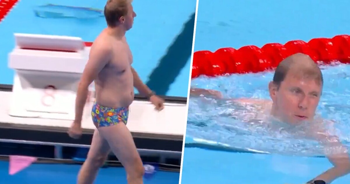 Video goes viral - Olympic hero! Man in colorful swimming trunks ...