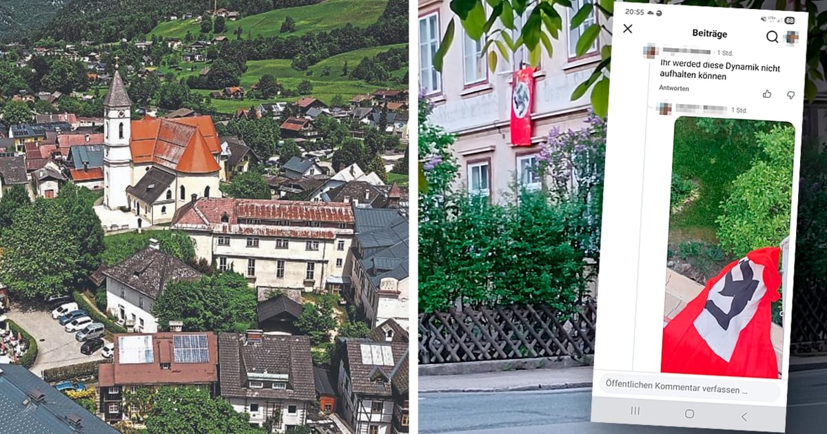 In Bad Goisern - Fahne mit Hakenkreuz neben Bundesstraße aufgehängt ...
